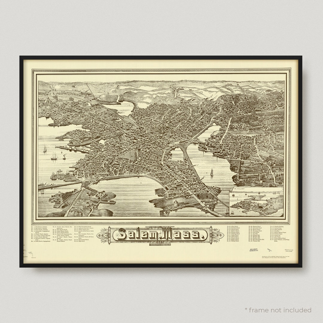1883 Bird's Eye View Map of Salem - Massachusetts, Antique Map of Salem ...