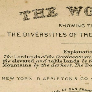 1864 World Land Surface, 19th Century Antique Map of the World, Old Map ...