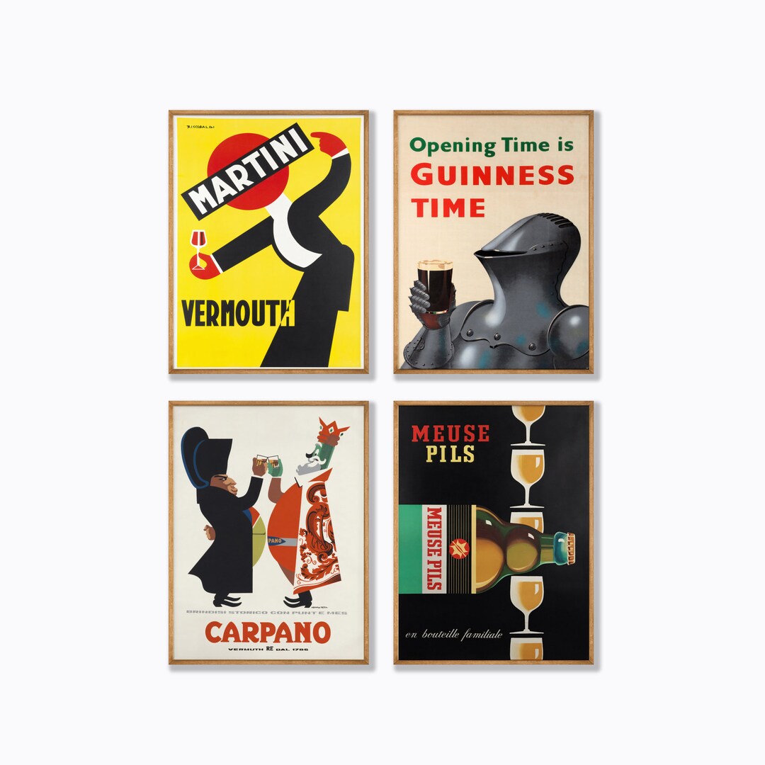 Set of 4 Vintage Alcohol Posters, Retro Liquor Ads, Beverage Antique ...