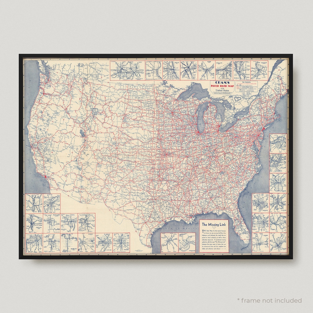 1930 Cram's Paved Road Map of the United States, Antique Map of USA ...