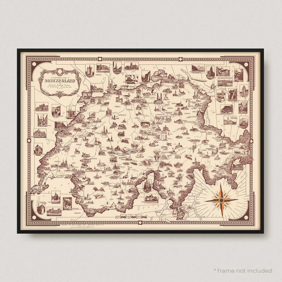 1936 Pictorial Map of Switzerland, Antique Map of Switzerland, Old Map ...