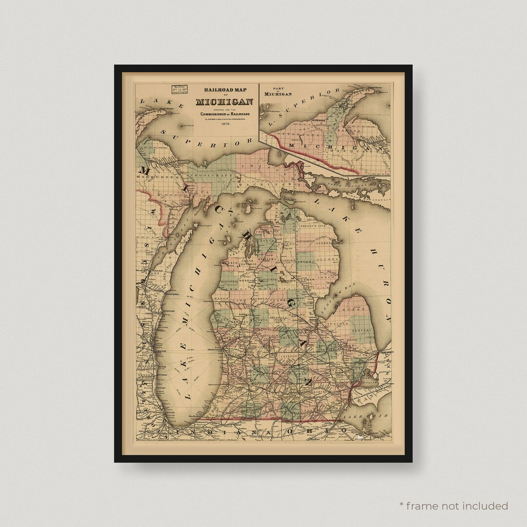 1876 Michigan Railroad Map, Historical Map of Michigan, Antique Map of ...