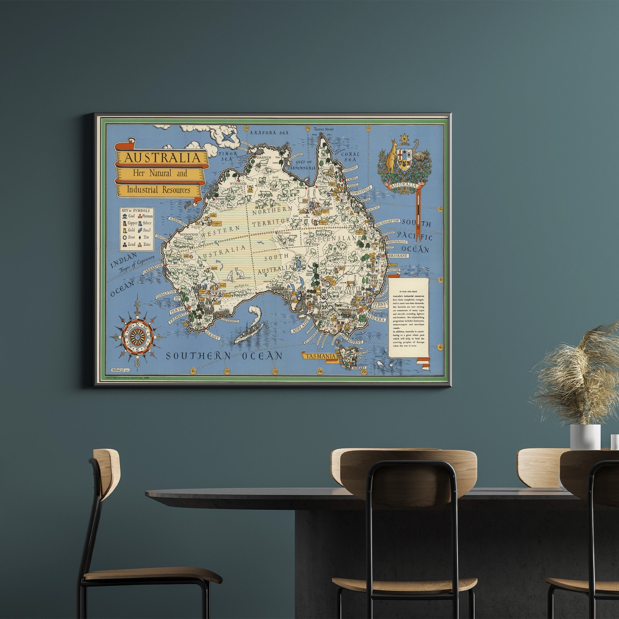 Prints Digital Prints Gold Silver 1942 Map of Australia Copper Tin ...
