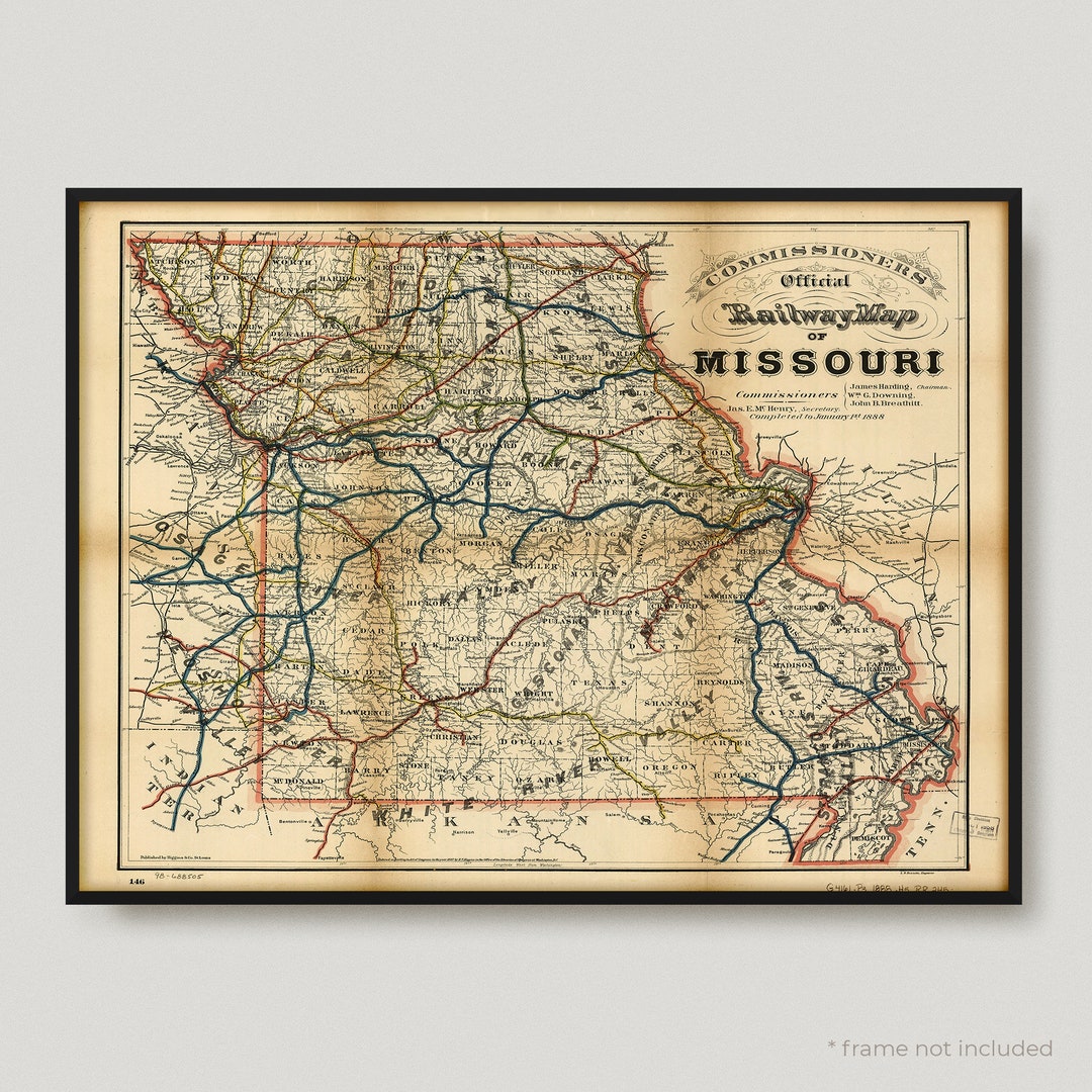 1888 Commissioners Official Railway Map of Missouri, Historical Map of ...