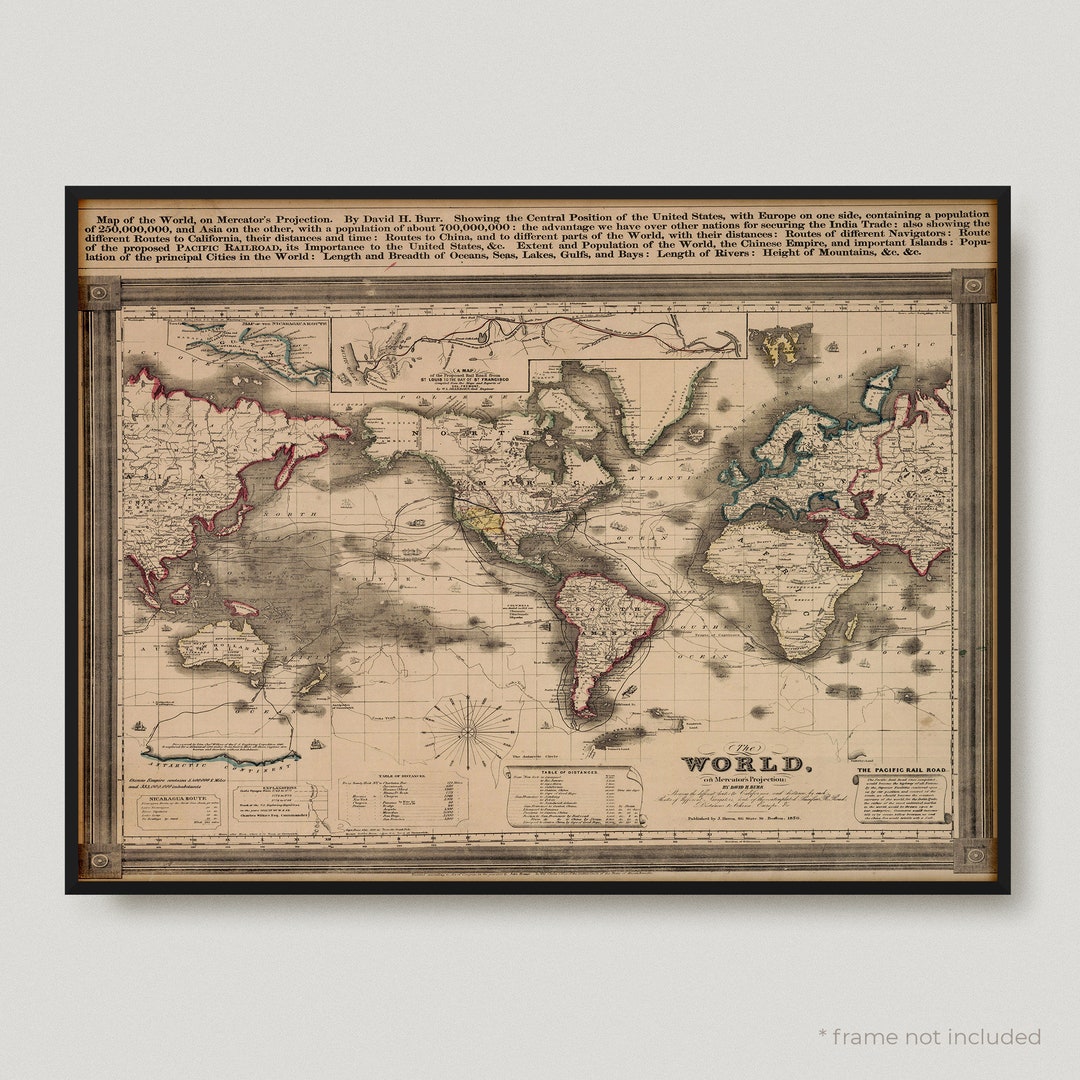 1850 the World, on Mercator's Projection, 19th Century Antique Map of ...