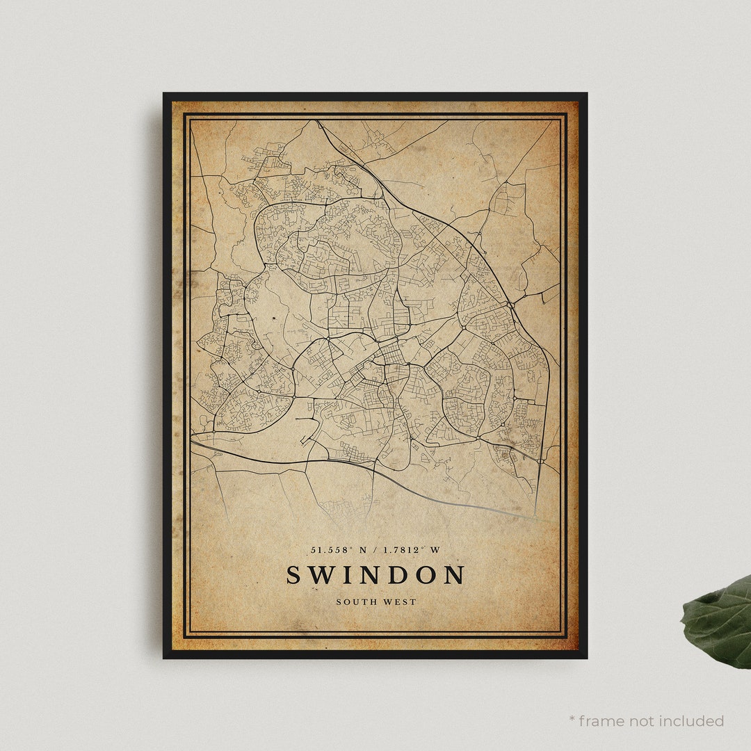 Swindon Vintage Map Print, Swindon Retro Map Poster, Antique Style Map ...