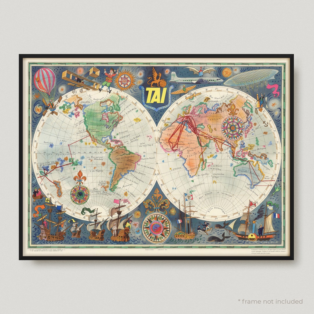 1958 Intercontinental Air Transport, 20th Century Antique Map of the ...