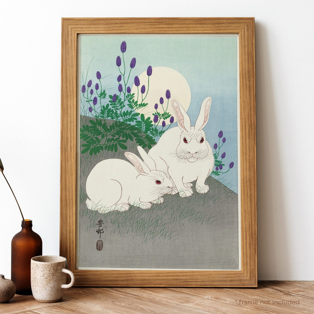 Rabbits at Full Moon Vintage Poster, White Rabbits Retro Print ...