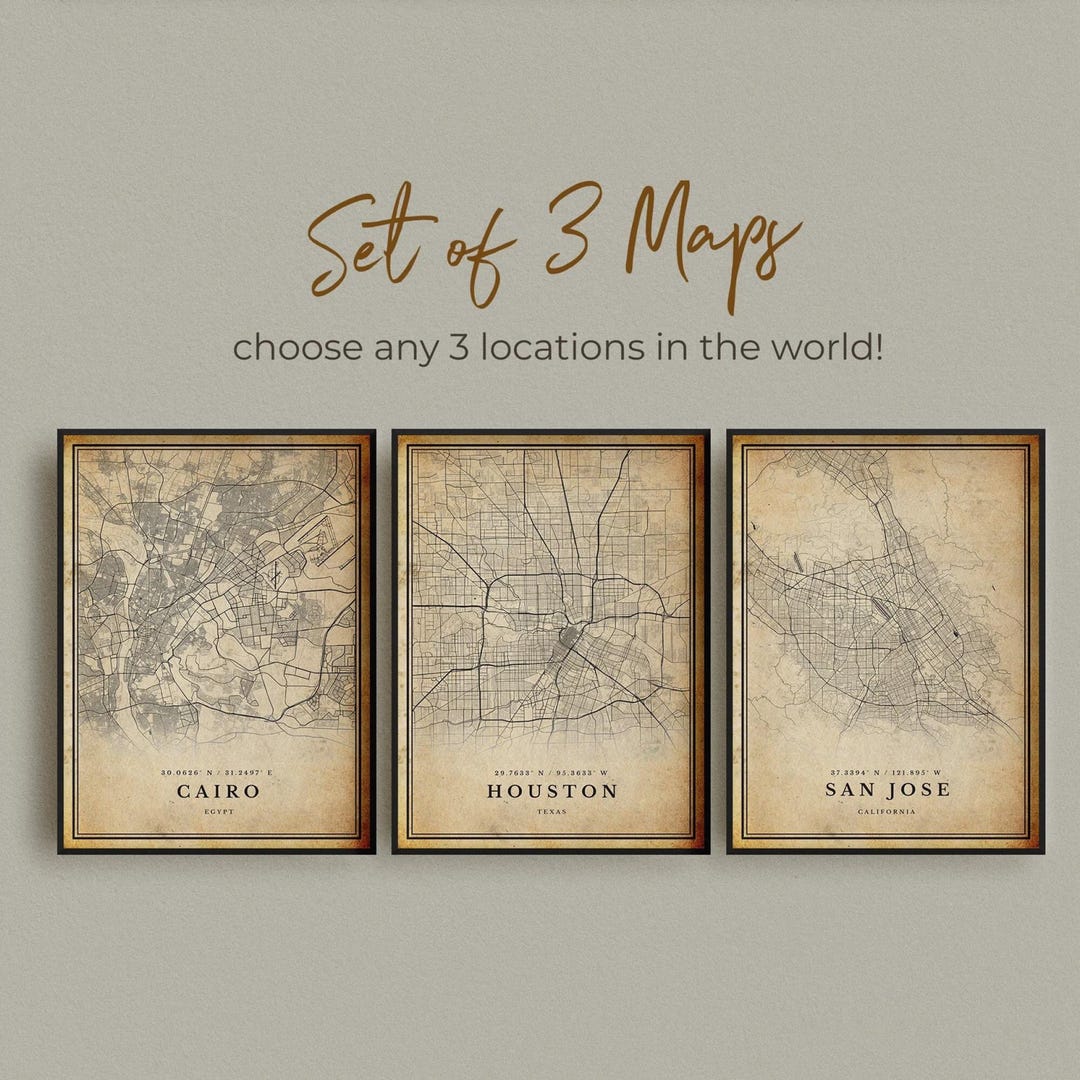 Set of 3 ANY CITY Vintage Map Posters | Personalized Antique Map Prints ...