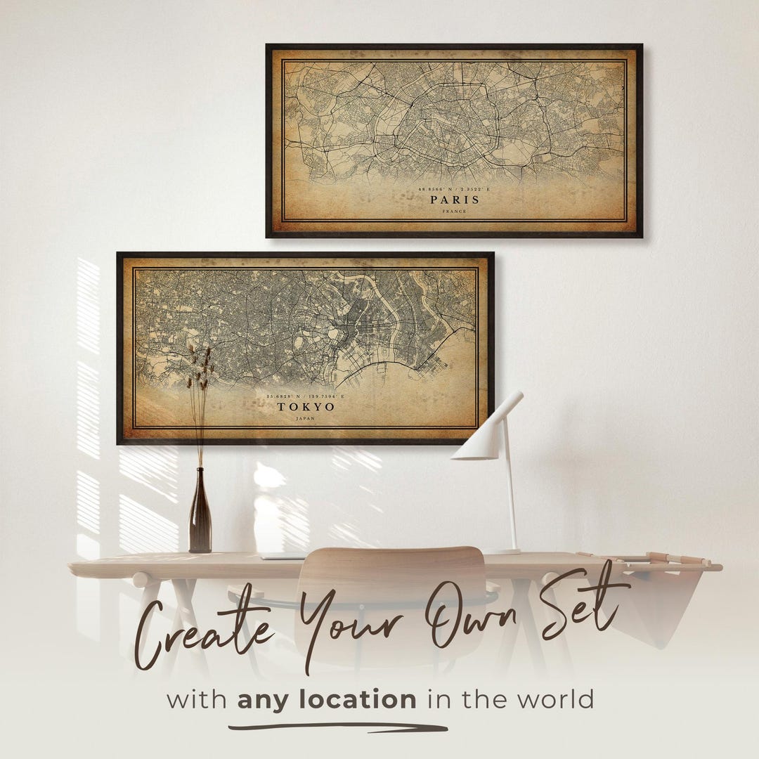 Set of Custom Location Map Prints, Vintage Panoramic City Posters ...