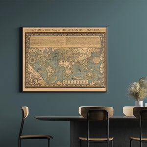 1942 the Time & Tide Map of the Atlantic Charter, 20th Century Antique ...