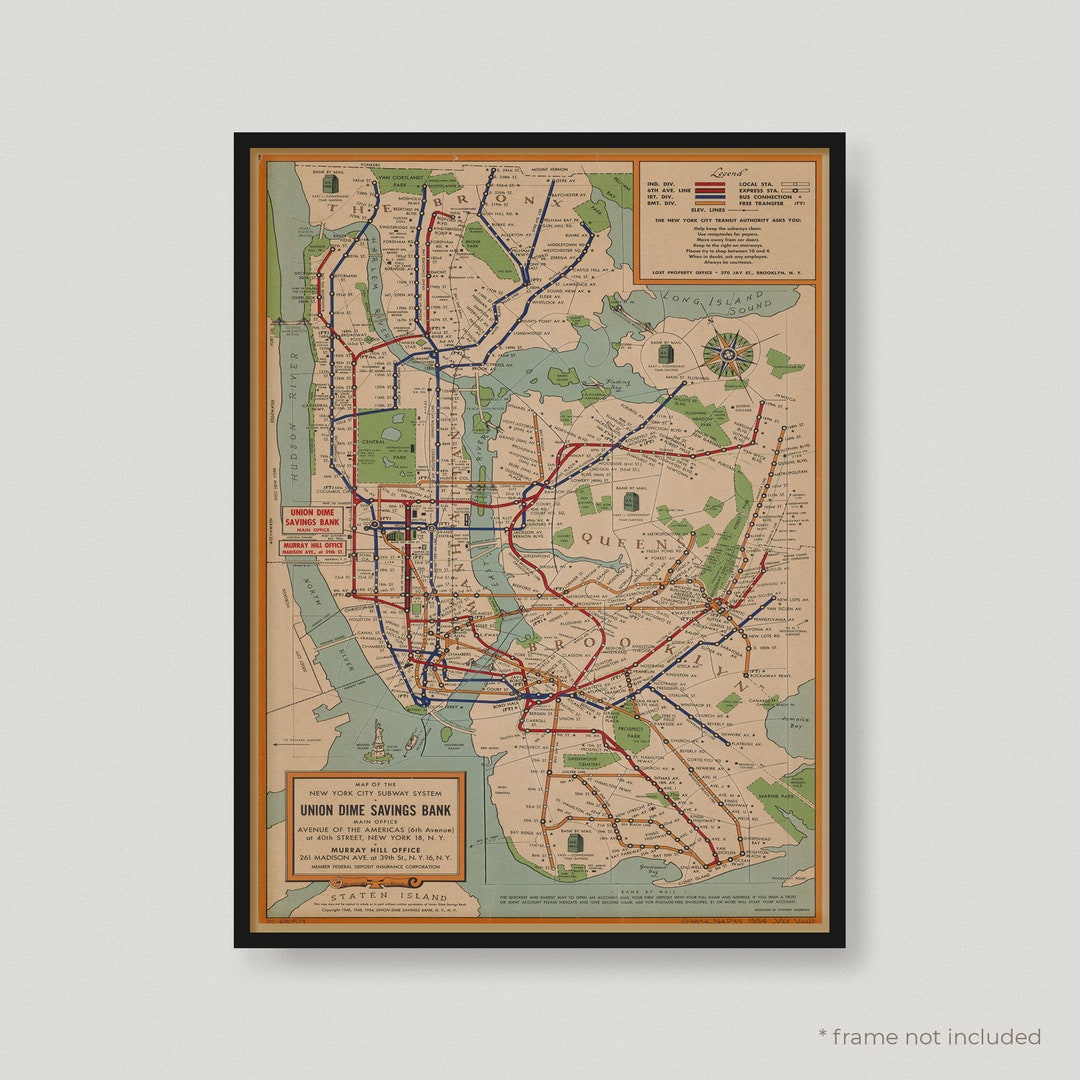 Map of the New York City Subway System, Antique Map of New York, Old ...