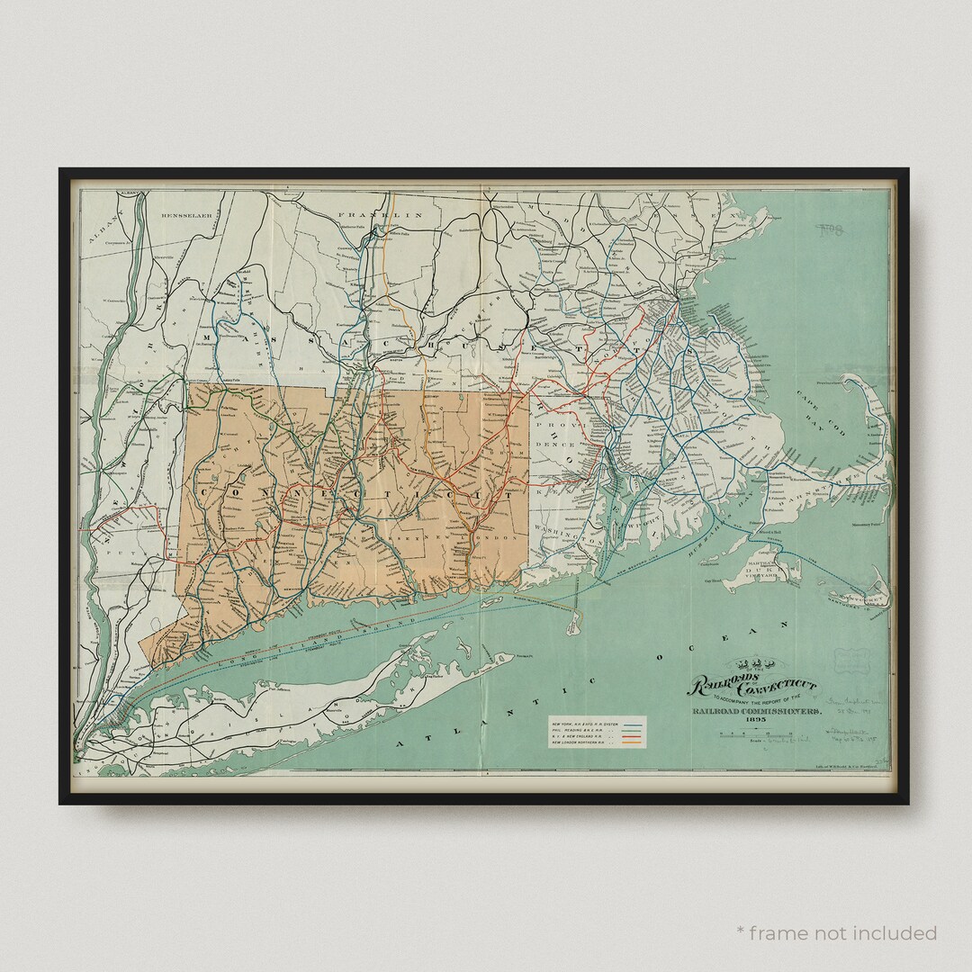 1895 Connecticut Railroad Map, Historical Map of Connecticut, Antique ...