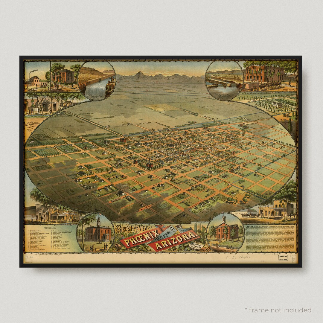 1885 Phoenix Aerial Map, Antique Map of Phoenix, Old Historical Map of ...