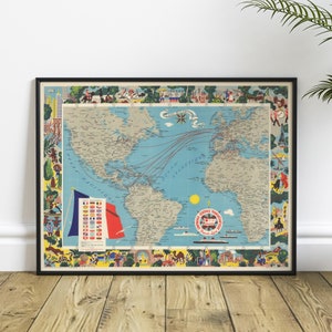 1959 Line Map. Transatlantic Campaign. French Line, Atlantic Ocean Sea ...