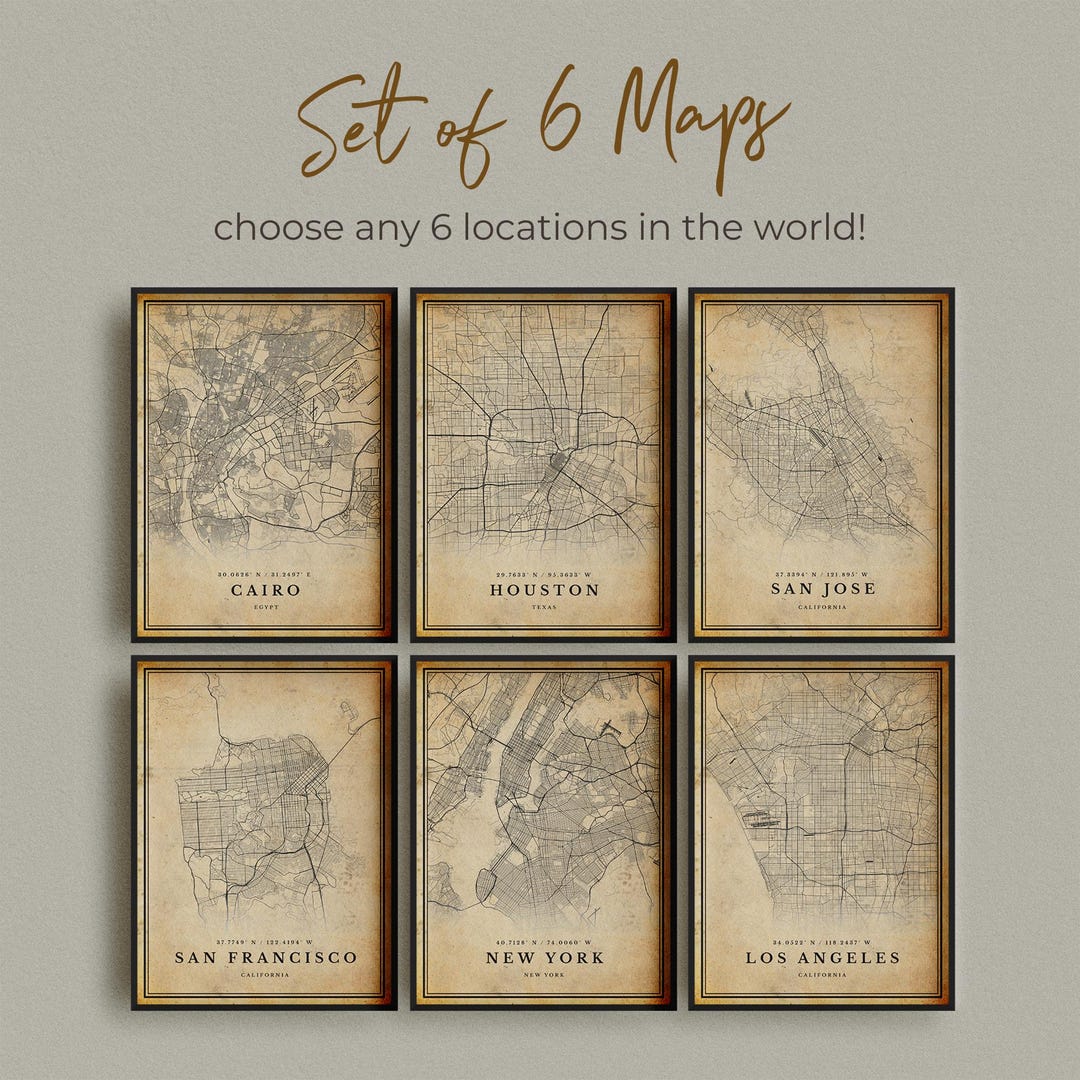Set of 6 ANY CITY Vintage Map Posters | Personalized Antique Map Prints ...
