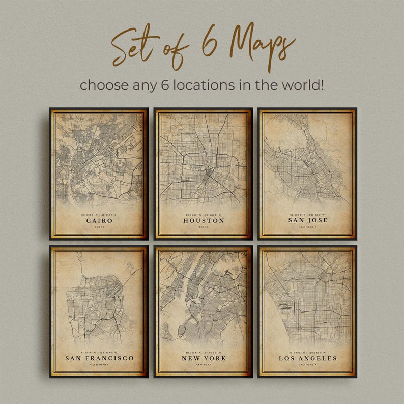 Set of 6 ANY CITY Vintage Map Posters | Personalized Antique Map Prints ...