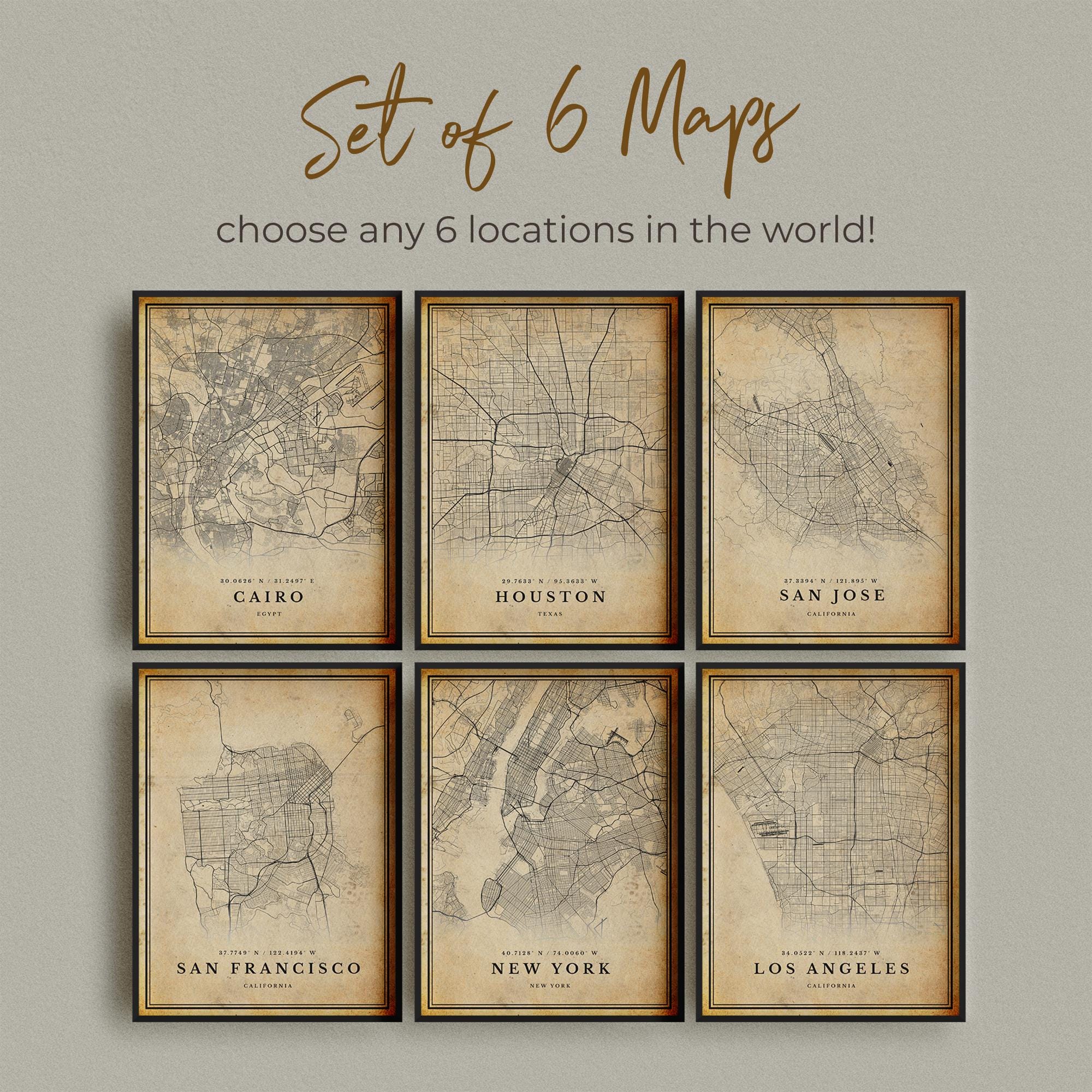 Set of 6 ANY CITY Vintage Map Posters | Personalized Antique Map Prints ...