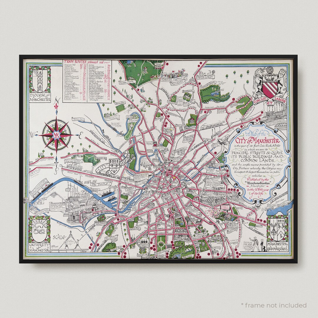 1926 A Map of the City of Manchester, Antique Map of Manchester, Old ...