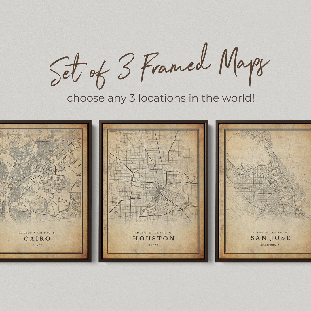Set of 3 Framed ANY CITY Vintage Map Posters - Premium Framed Gallery ...