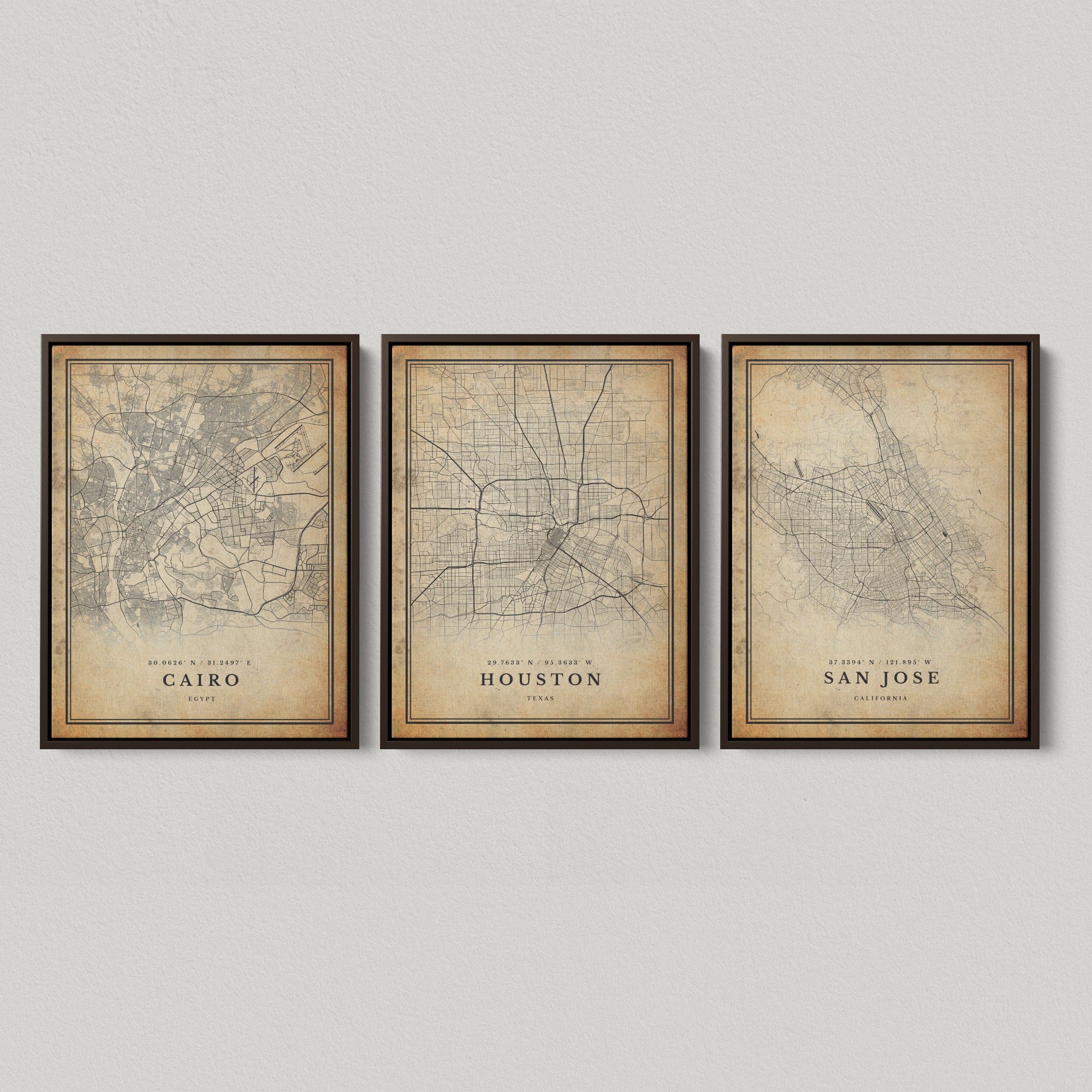 Set of 3 Framed ANY CITY Vintage Map Posters - Premium Framed Gallery ...