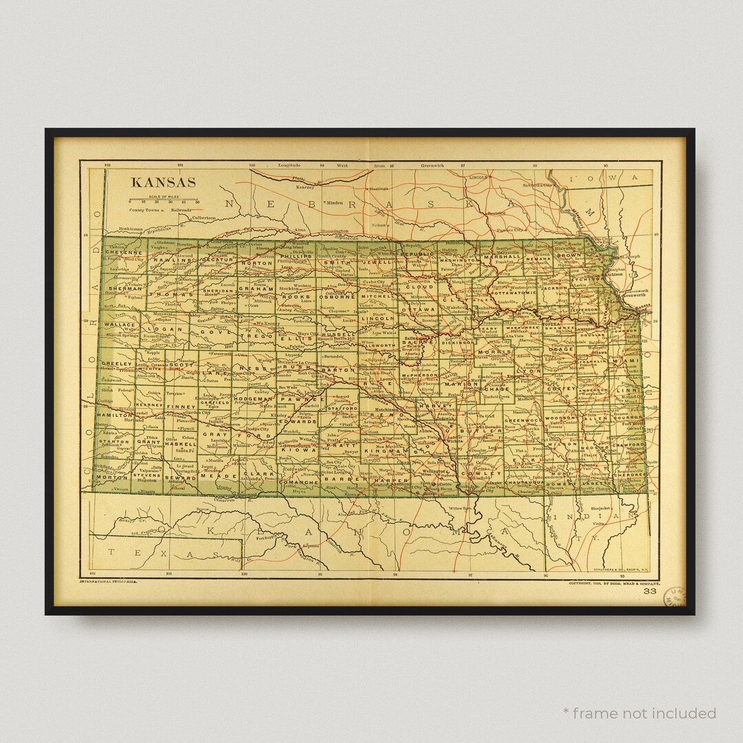 Map of Kansas, Historical Map of Kansas, Antique Map of Kansas, Old Map ...