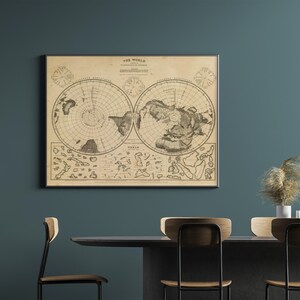 1864 World Land Surface, 19th Century Antique Map of the World, Old Map ...