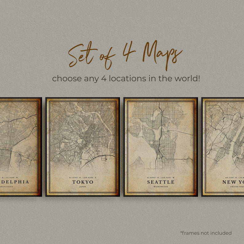 Set of 4 ANY CITY Vintage Map Posters Personalized Retro Map - Etsy