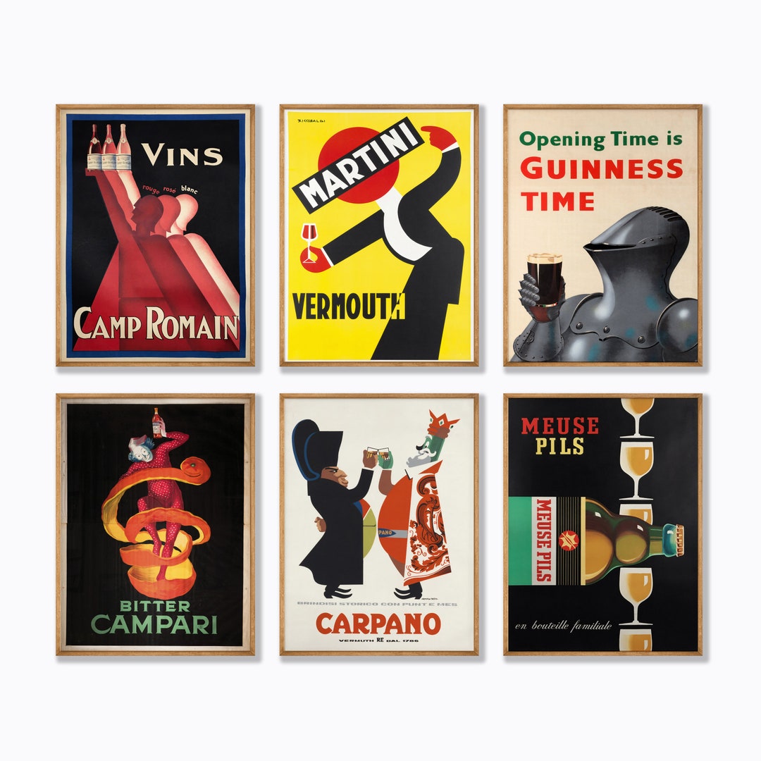 Set of 6 Vintage Alcohol Posters, Retro Liquor Ads, Beverage Antique ...