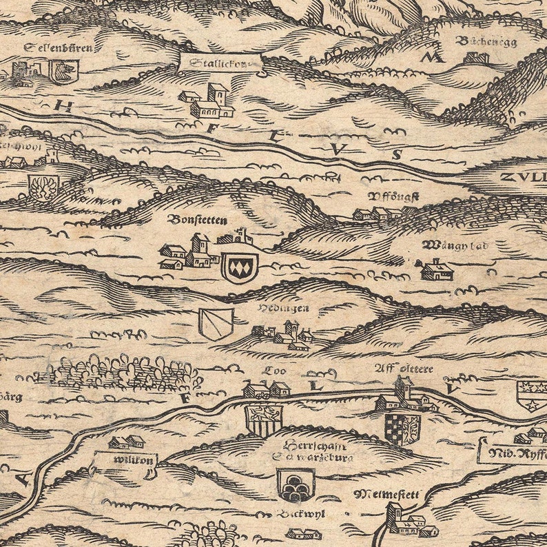 1566 Zurich Kanton, Antique Map of Zurich, Old Historical Map of Zurich ...