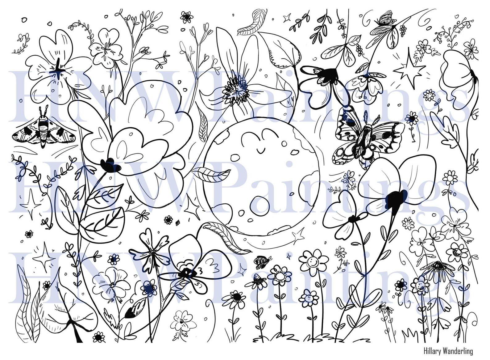 Whimsical World of Hillary Wanderling MOTH MOON Digital Coloring Page ...
