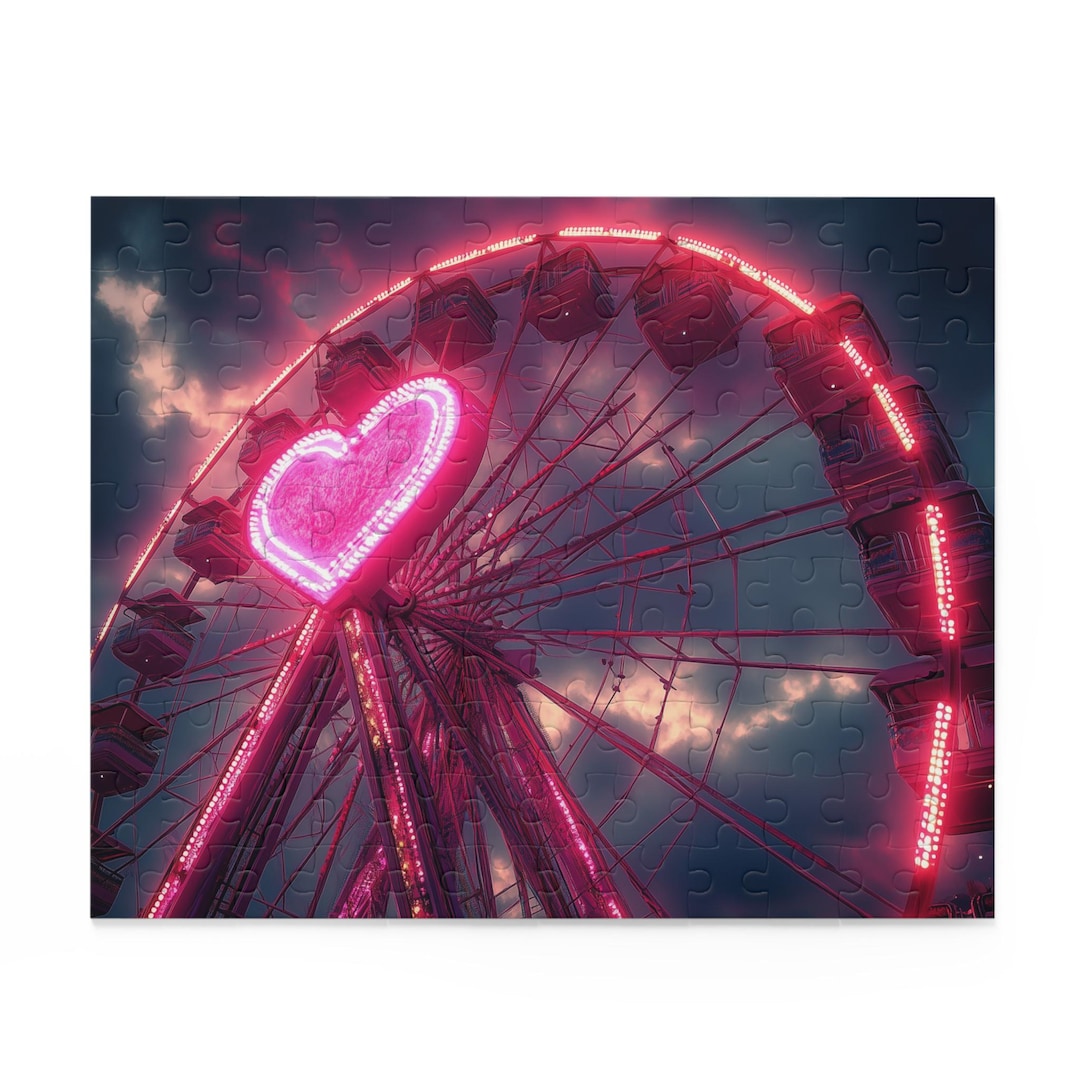 Jigsaw Puzzle, Romantic Ferris Wheel Illuminated by Pink Neon Lights ...