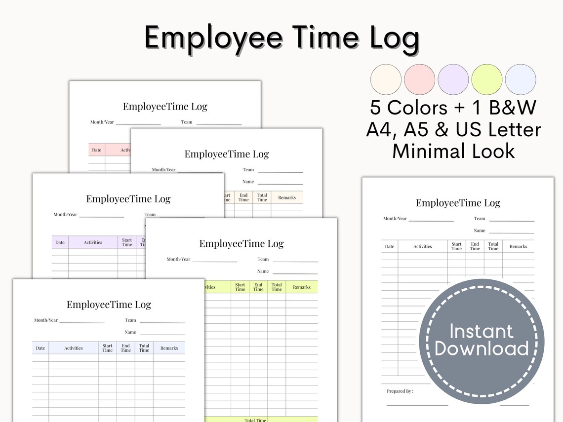 Employee Time Log Sheet Simple Timer Tracker Minimalist - Etsy
