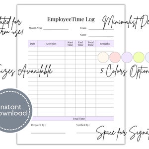 Employee Time Log Sheet Simple Timer Tracker Minimalist - Etsy