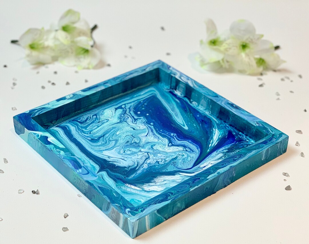 Decorative Tray Vanity Tray Blue White Tray 7.9 X 7.9 Acrylic Paint ...