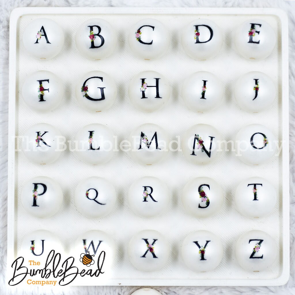20mm White Alphabet Bead, Black Letters, Floral Design, Chucky ...