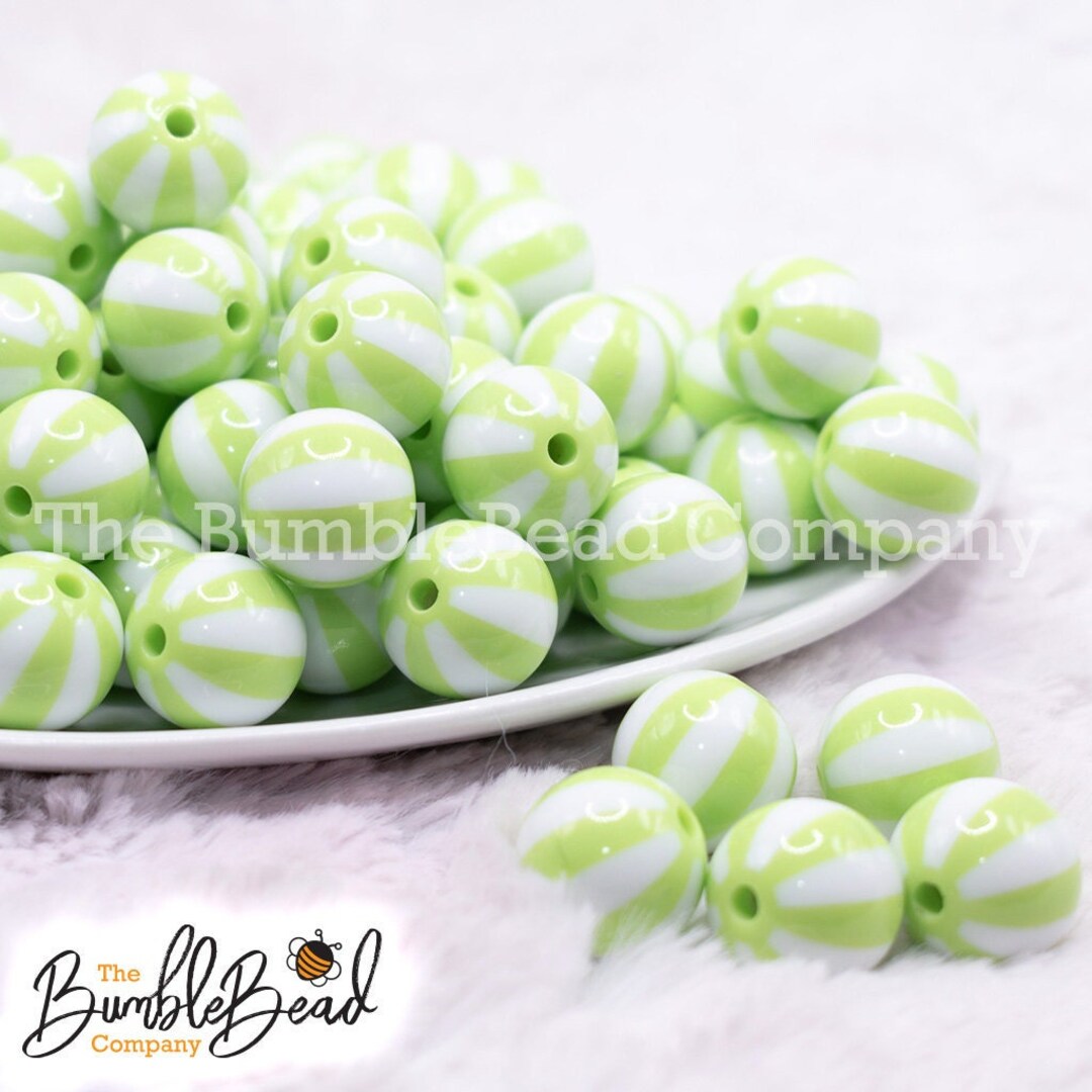 16mm Lime Green With White Stripe Beach Ball Bubblegum Beads, Resin ...