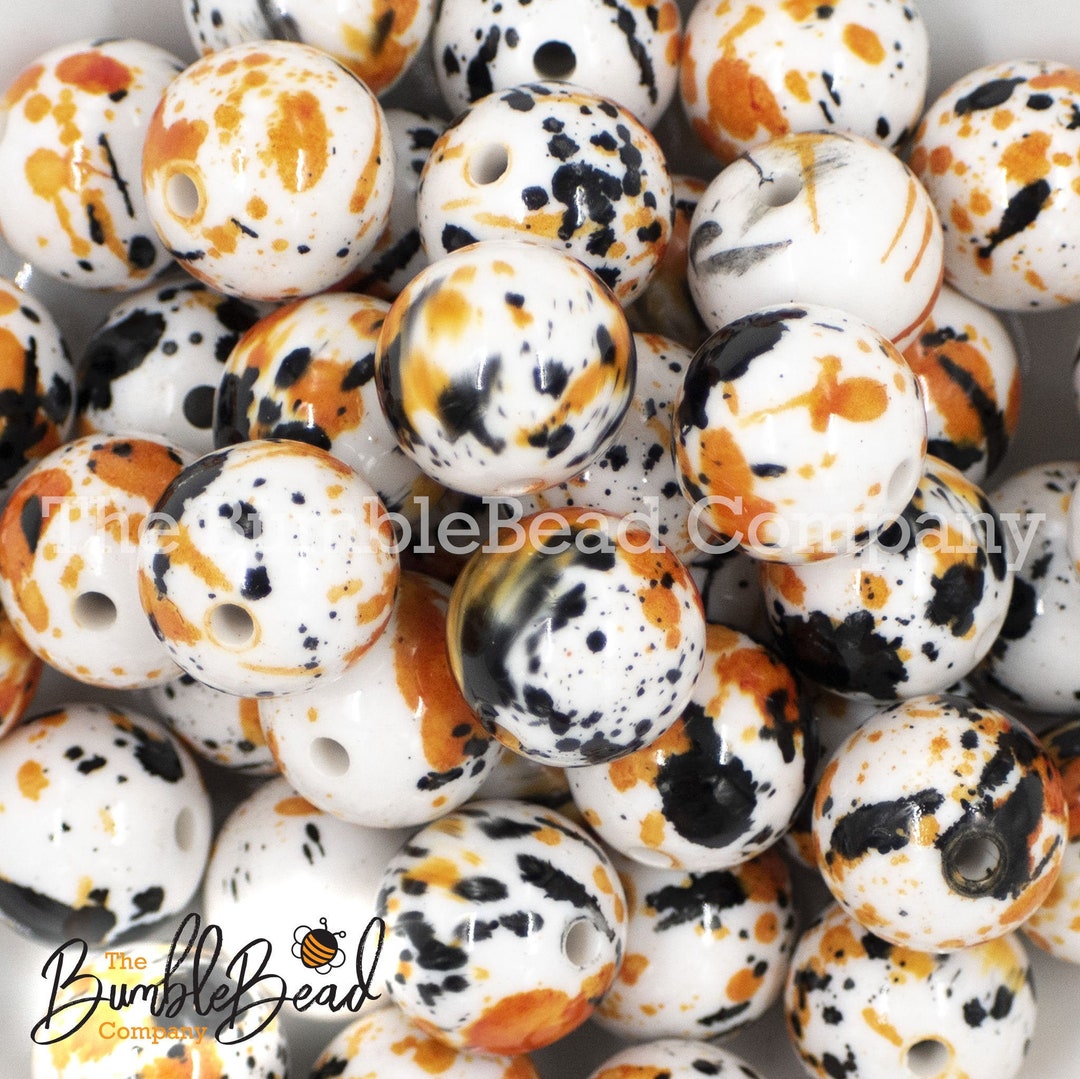 20MM White With Orange & Black Splatter Chunky Bubblegum Beads, Acrylic ...