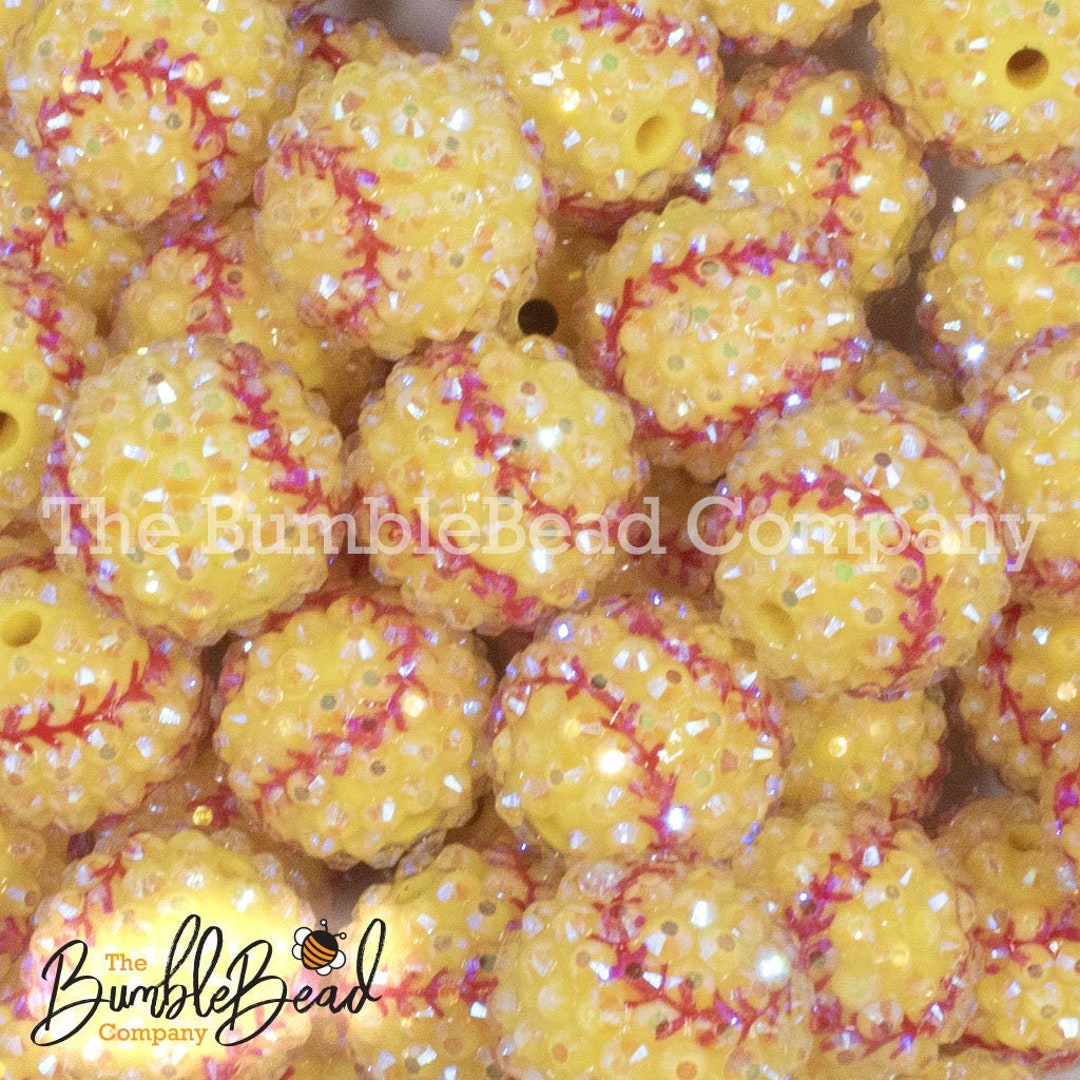 20mm Softball Print With AB Rhinestone Chunky Acrylic Bubblegum Beads ...