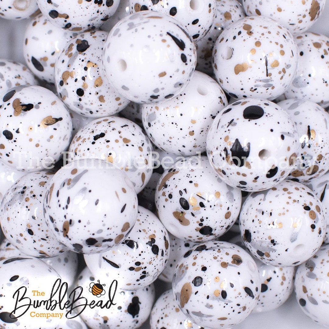 20MM Gold & Black Splatter on White Chunky Bubblegum Beads, Acrylic ...
