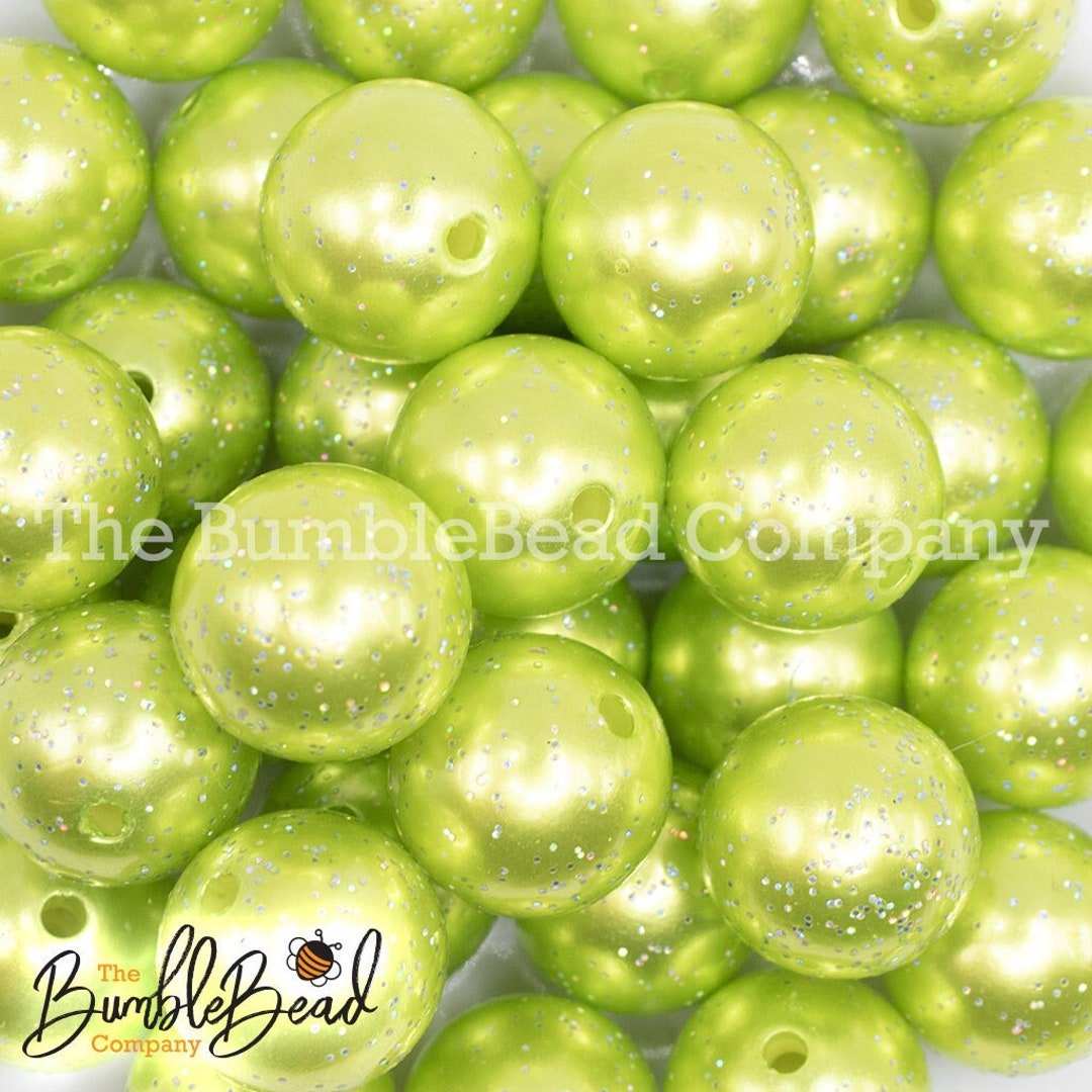20MM Lime Green With Glitter Faux Pearl Chunky Bubblegum Beads, Acrylic ...