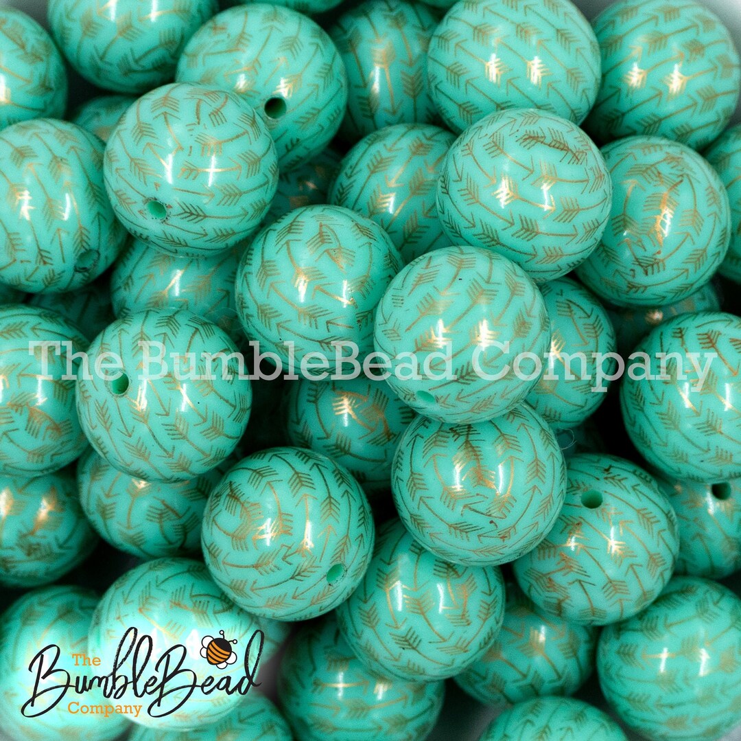 20MM Mint Green With Gold Arrows Printed Chunky Bubblegum Beads, Resin ...