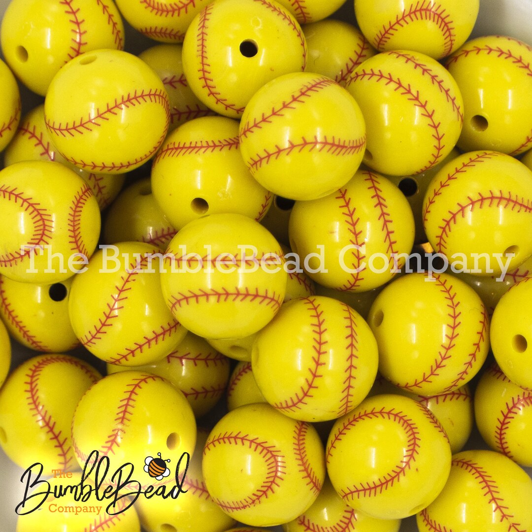 20MM Softball Print Chunky Acrylic Bubblegum Beads, 20mm Sports Beads ...