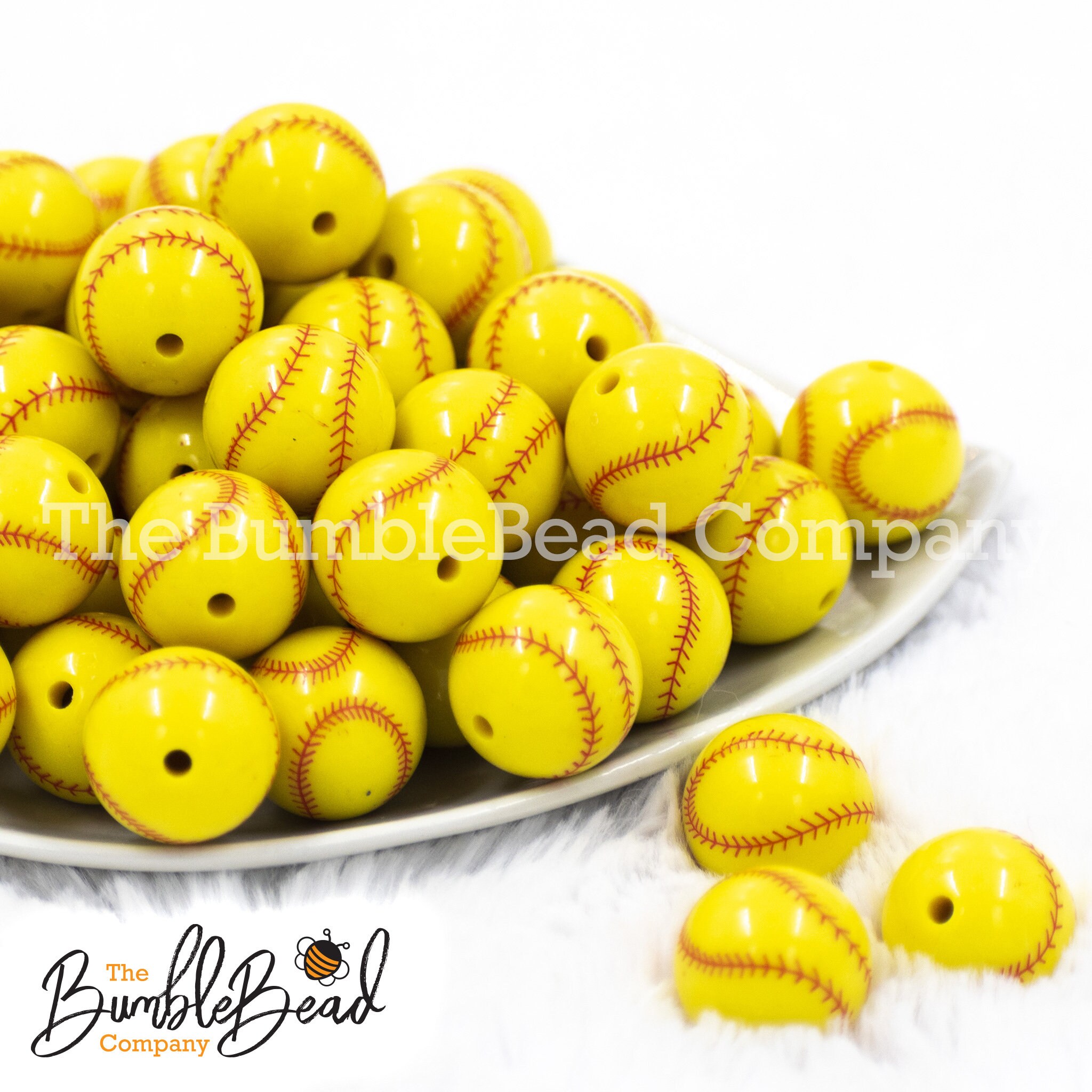 20MM Softball Print Chunky Acrylic Bubblegum Beads, 20mm Sports Beads ...