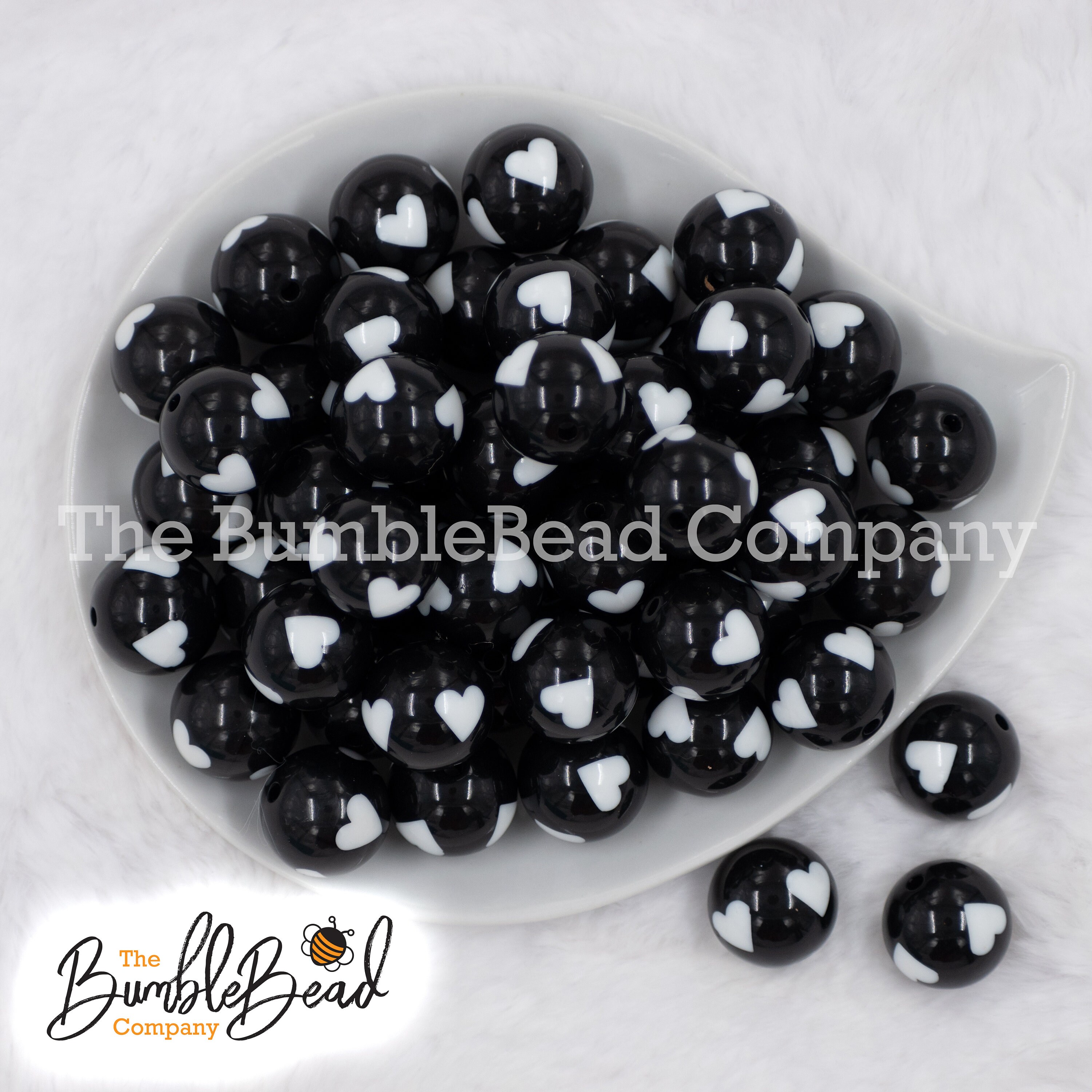 20MM Black With White Hearts Chunky Bubblegum Beads Acrylic - Etsy