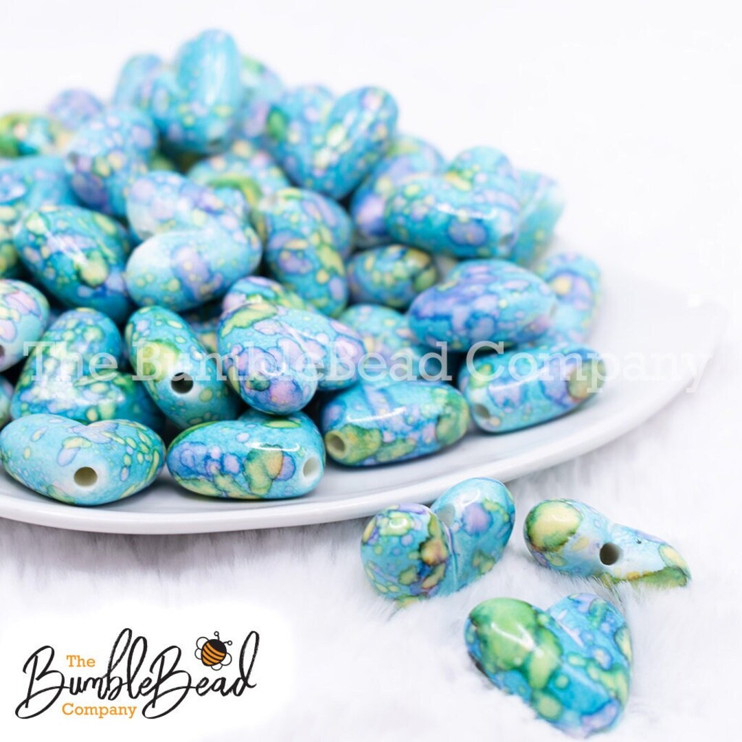 23mm Blue Watercolor Heart Acrylic Bead, Valentine's Day Bead, Chunky ...