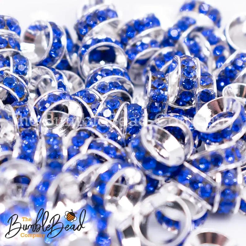 10mm Royal Blue Large Hole Rhinestone Rondelle Spacer Beads - 20 Count ...