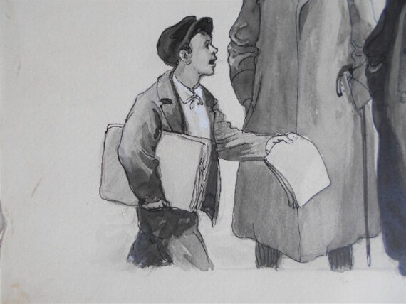 Art & Collectibles Original drawing inkwatercolour The Newspaper boy ...