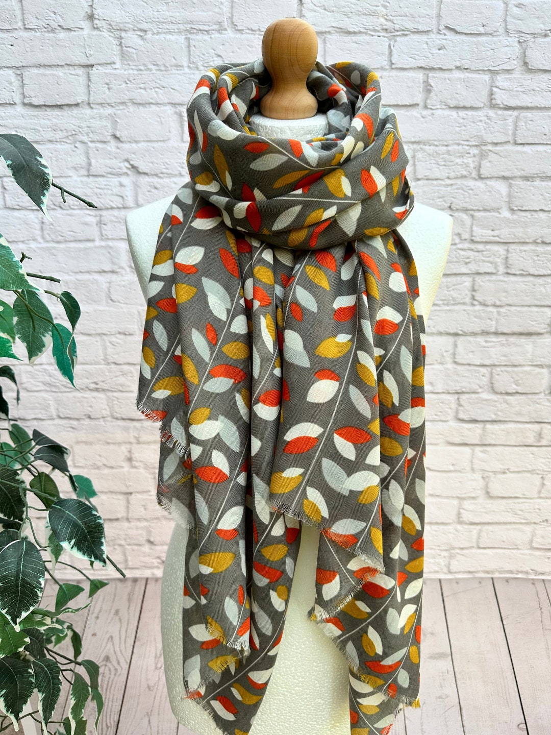 Ladies Multi Coloured Autumn Leaves Pattern GREY Fashion Scarf - Etsy UK