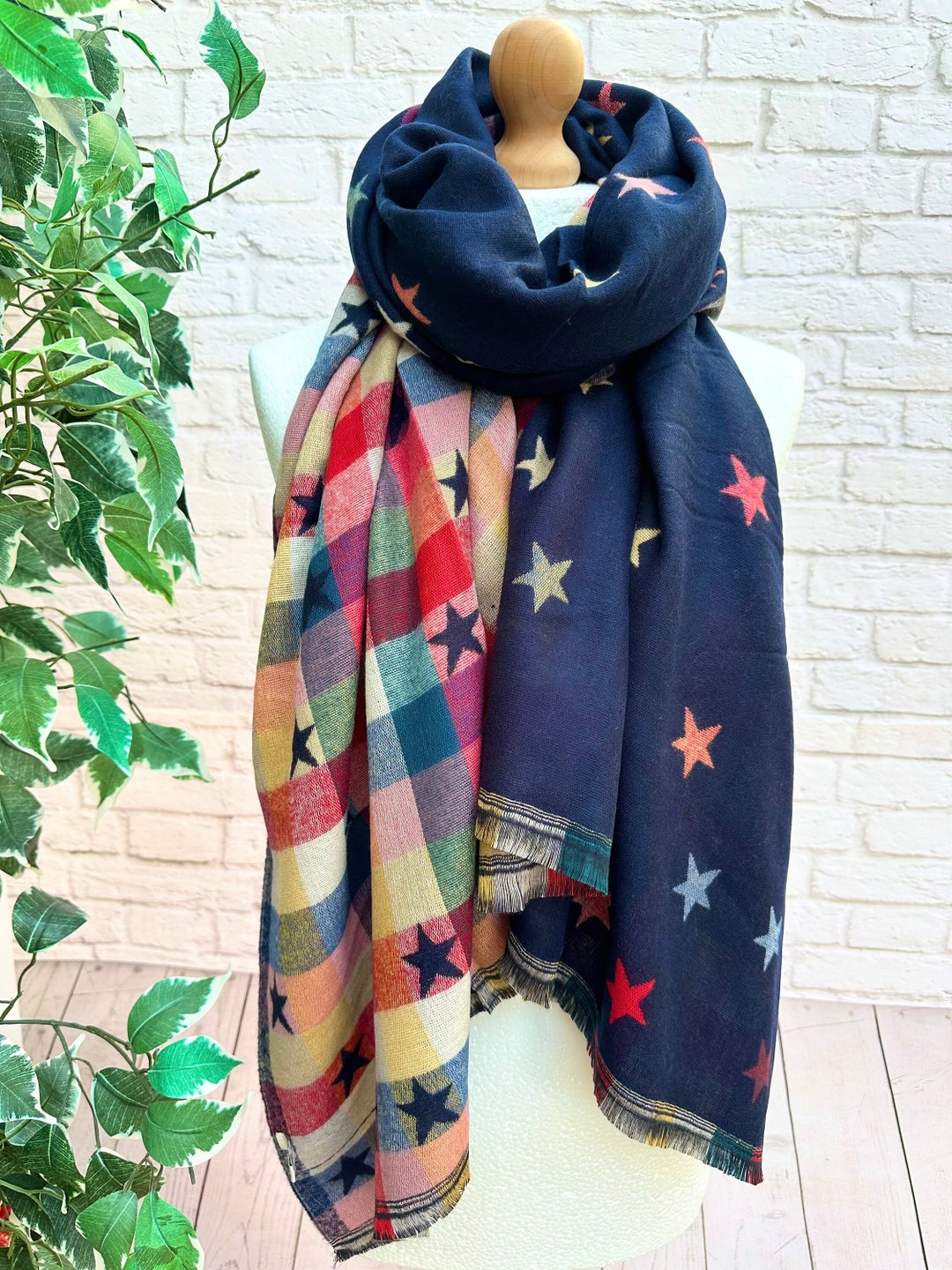 Thick Reversible Multi Coloured Stars Checked NAVY BLUE Pashmina Winter ...
